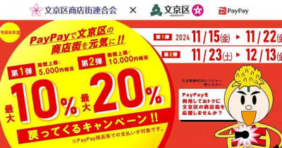 東京都文京区、PayPay決済で最大20％還元 11月15日から (TRAICY)