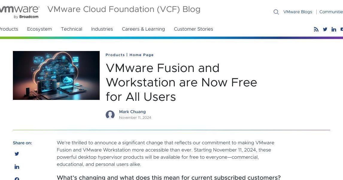 「VMware Fusion Pro」「VMware Workstation Pro」の販売がついに終了 今後のサポートはどうなる？ (ITmedia エンタープライズ)