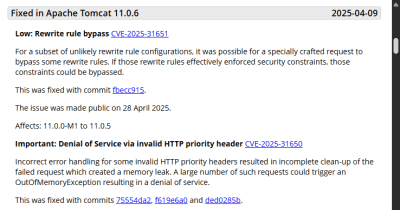 「Apache Tomcat」に2件の脆弱性 ～サービス拒否（DoS）などの恐れ／最大深刻度はHigh、最新版で修正済み (窓の杜)