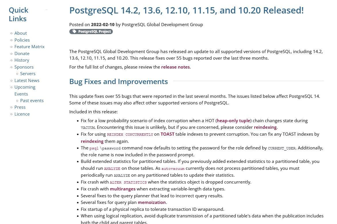PostgreSQL 14.2、13.6、12.10、11.15、10.20公開 (TECH+)